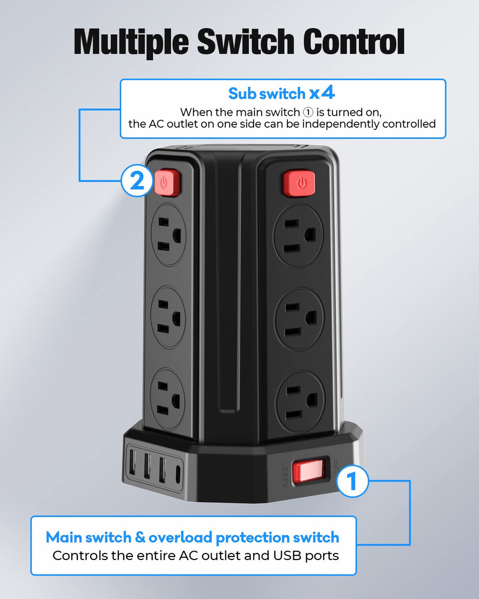 Power Strip Surge Protector, 10 Ft Extension Cord with 12 AC Multiple ...