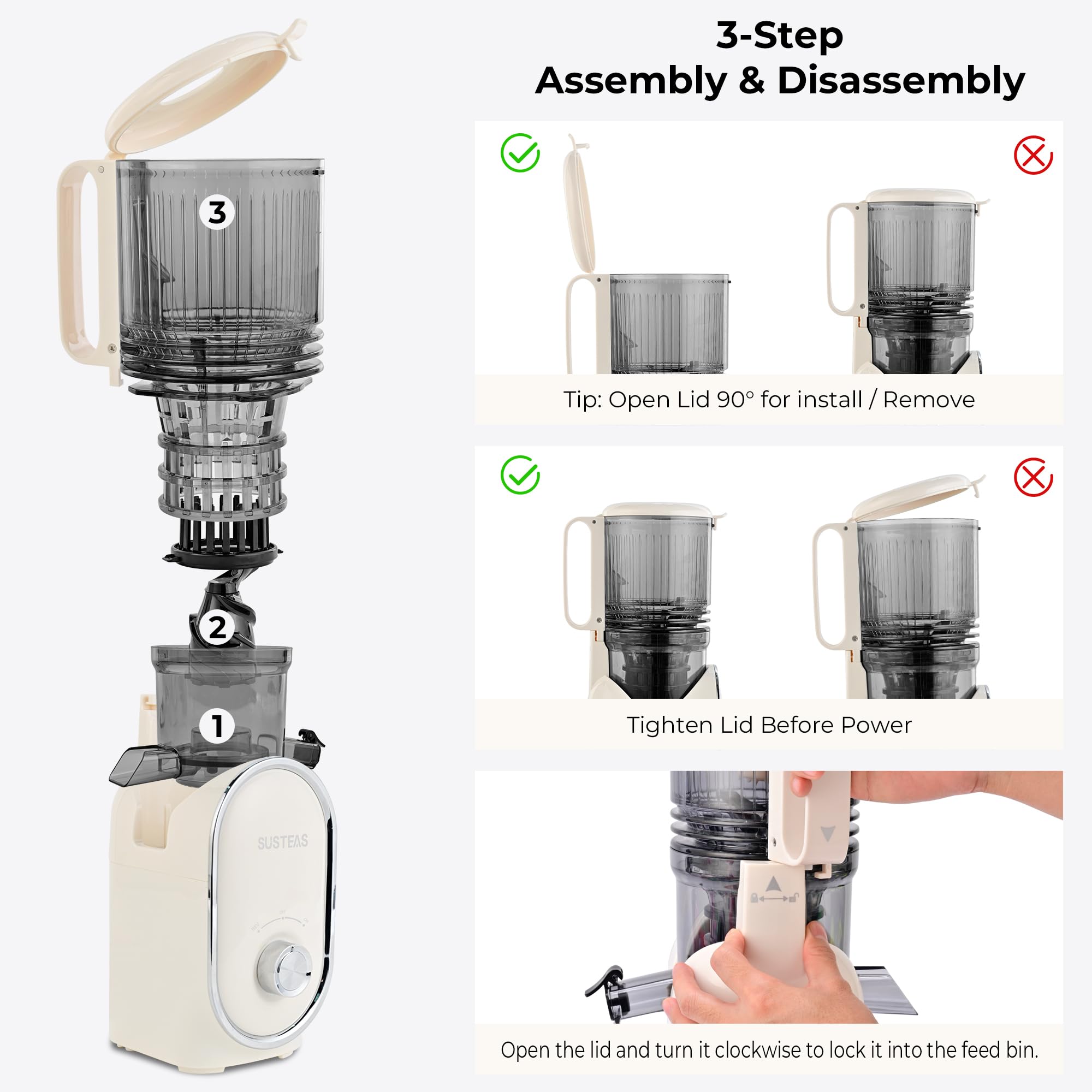 SUSTEAS Cold Press Juicer, 5.3" Feed Chute Slow Masticating Machines w ...
