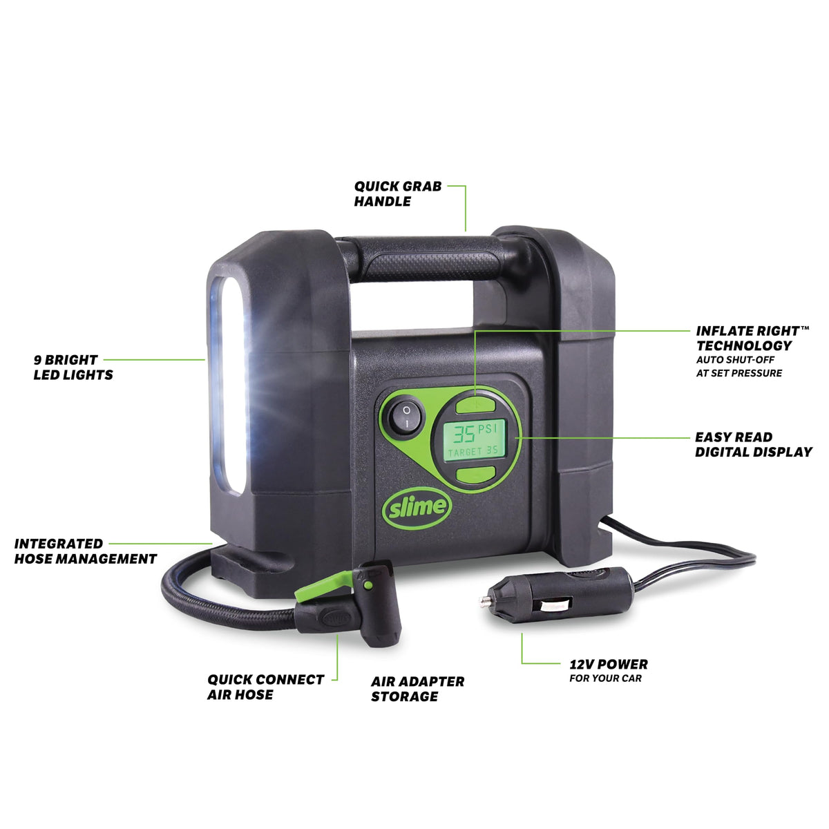 Slime 40047 Tire Inflator, Portable Car Air Compressor, Rugged, Inflat ...