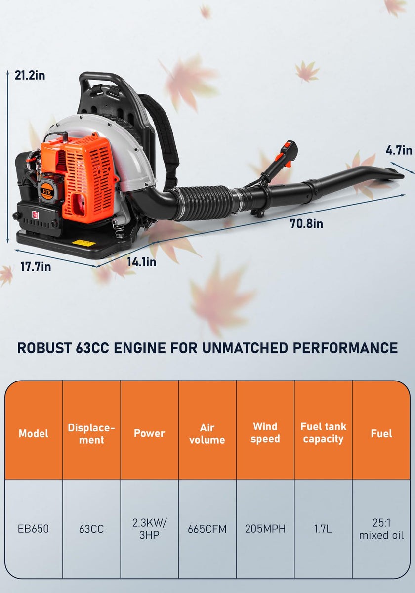 HTK 63 CC Gas Backpack Leaf Blower - 2-Stroke Engine, High-Velocity 66 ...