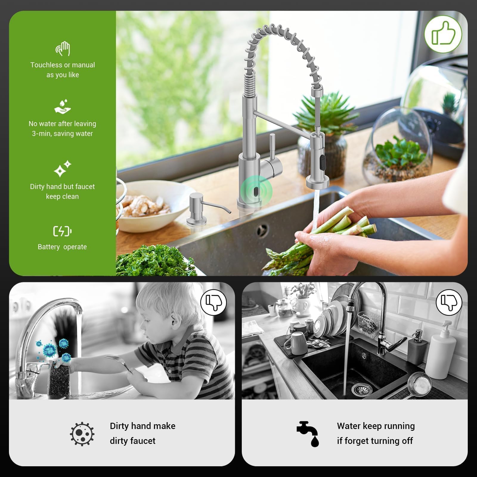 APPASO Touchless Kitchen Faucet, Motion Sensor Activated Hands-Free Sm ...
