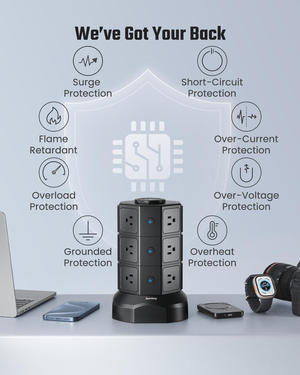 Tower Power Strip with 15W Wireless Charger, Surge Protector Tower 13A ...