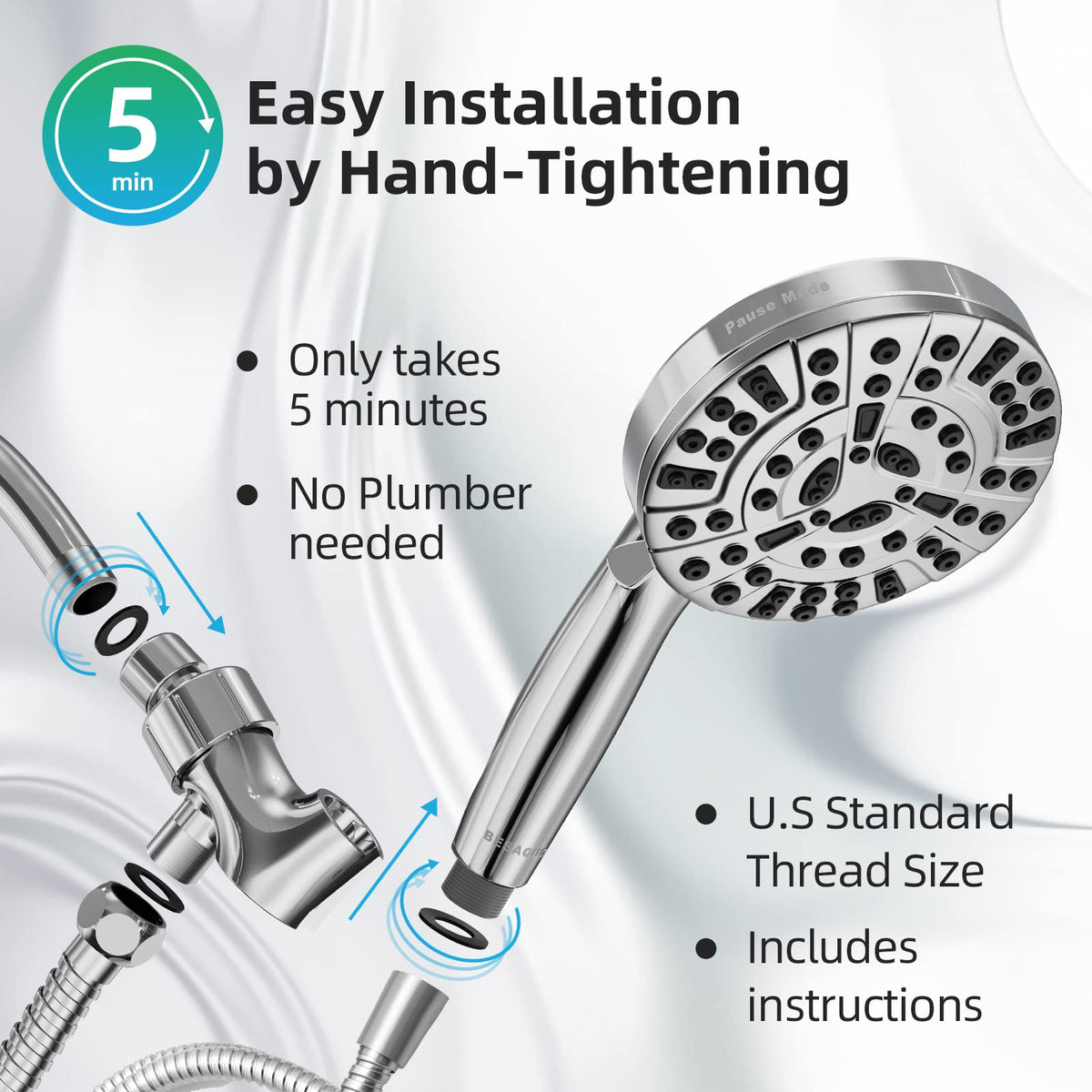 Functions High Pressure shower head with handheld, Built-in Pause Mode ...
