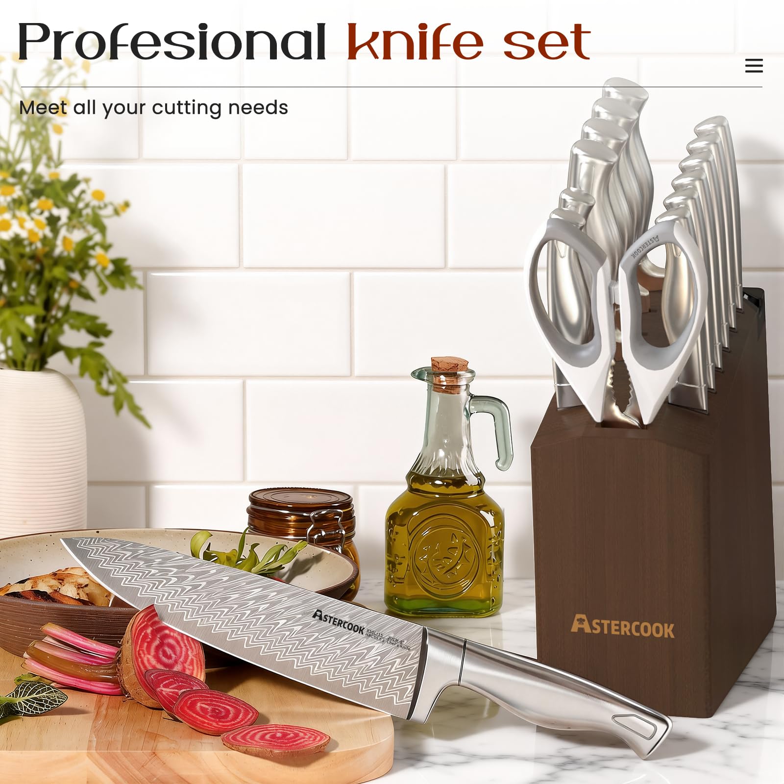 Astercook Knife Set, 15-Piece Kitchen Knife Sets with Built-in Sharpen ...
