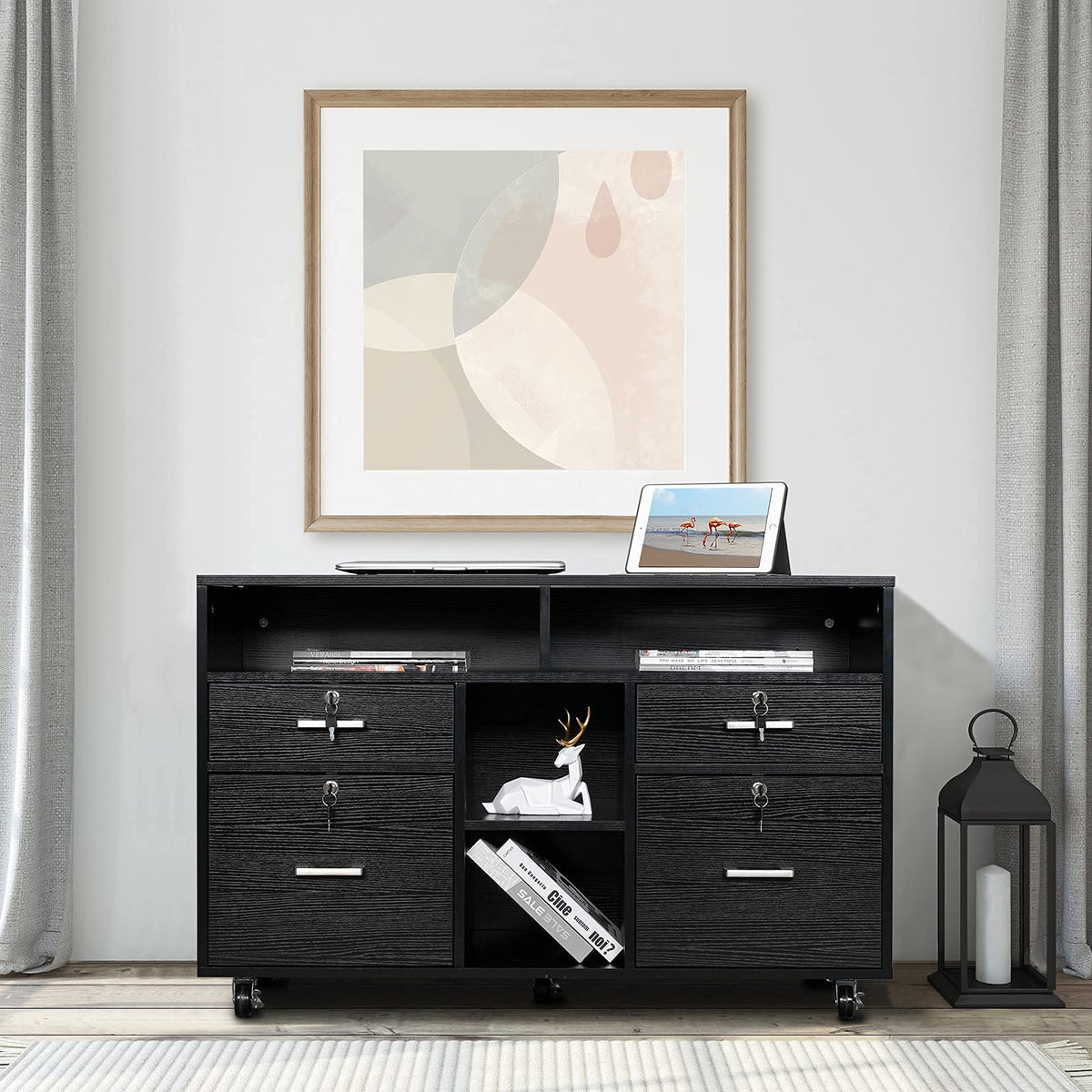 VINGLI Wood Mobile File Cabinet with 4 Drawers and Shelves, Printer St ...