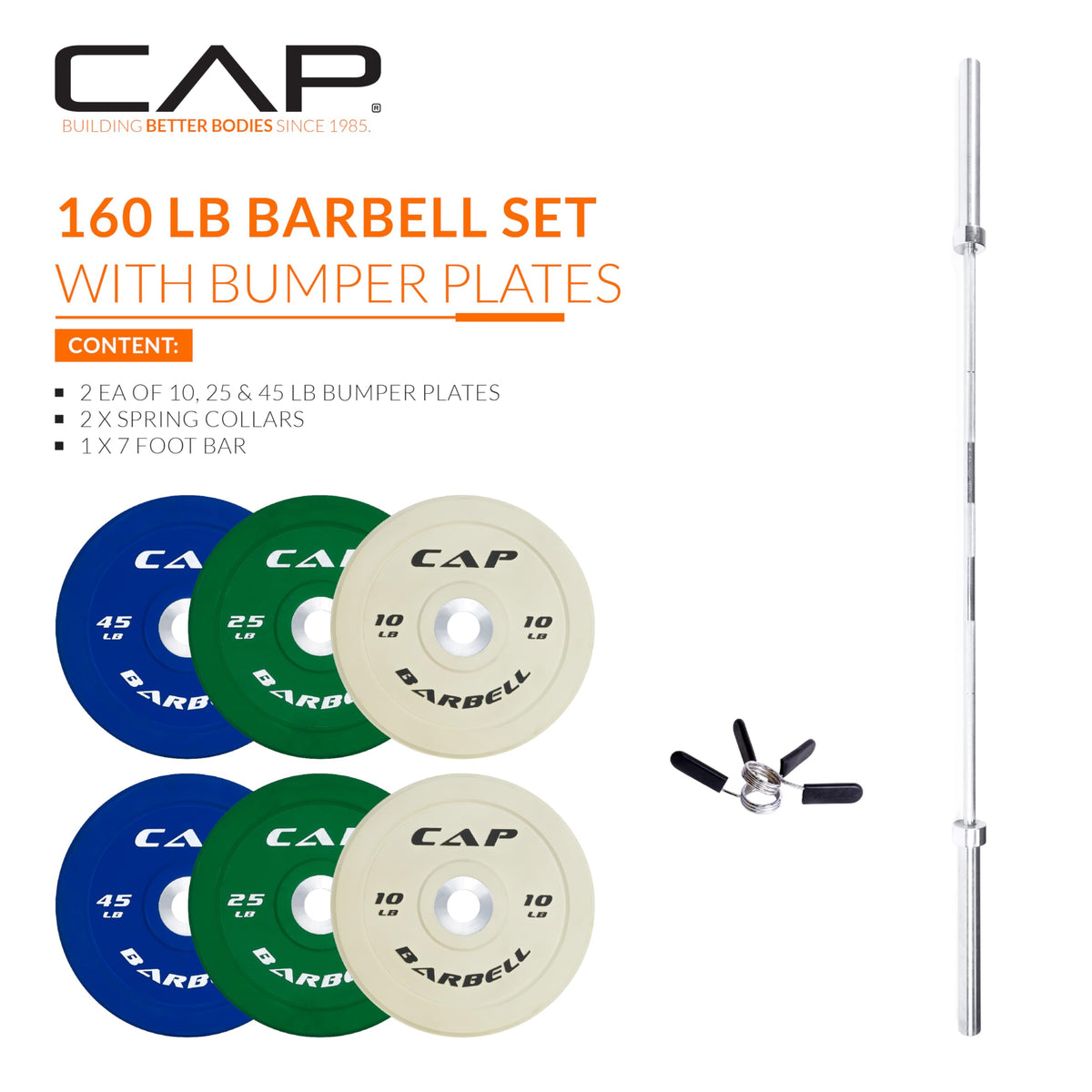 CAP Barbell 160 lb Competition Olympic Weight Set with 7ft Chrome Barb ...