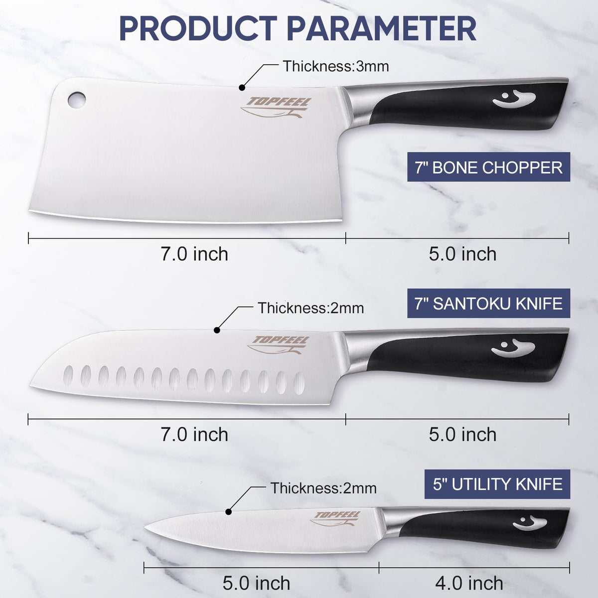 Topfeel Butcher Knife Meat Cleaver Set 3Pcs-7" Heavy Duty Bone Chopper ...