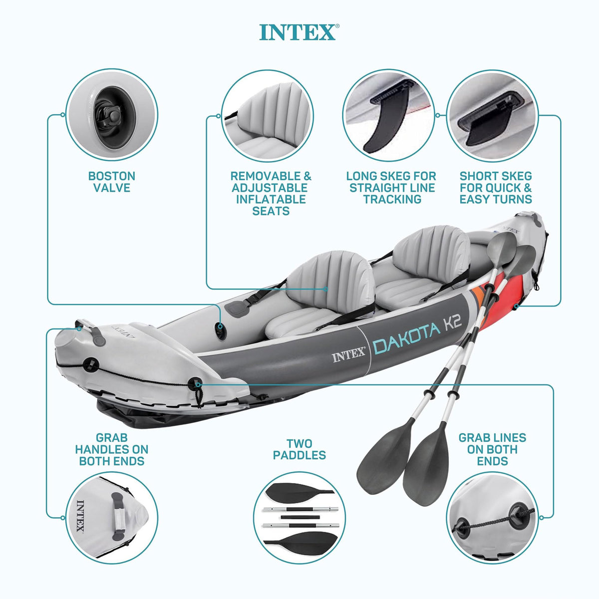 Intex Dakota K2 2 Person Inflatable Vinyl Kayak and Accessory Kit with ...
