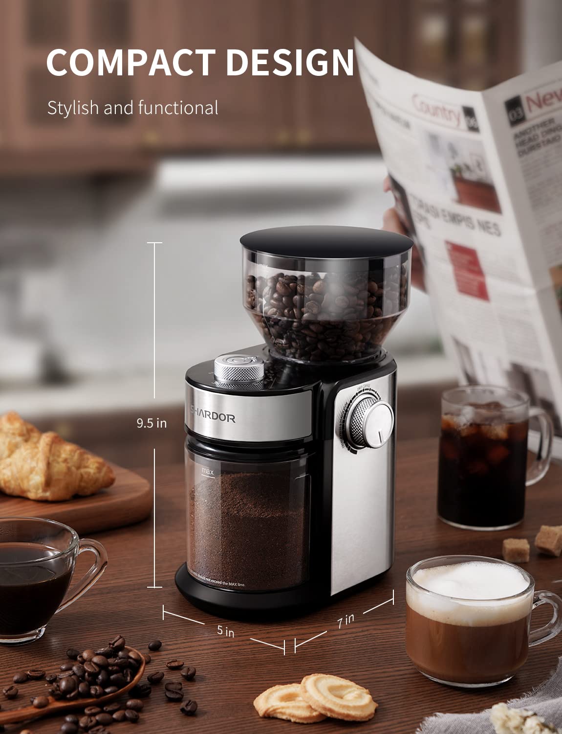 SHARDOR Burr Coffee Bean Grinder Electric, Adjustable Burr Mill with 1 ...