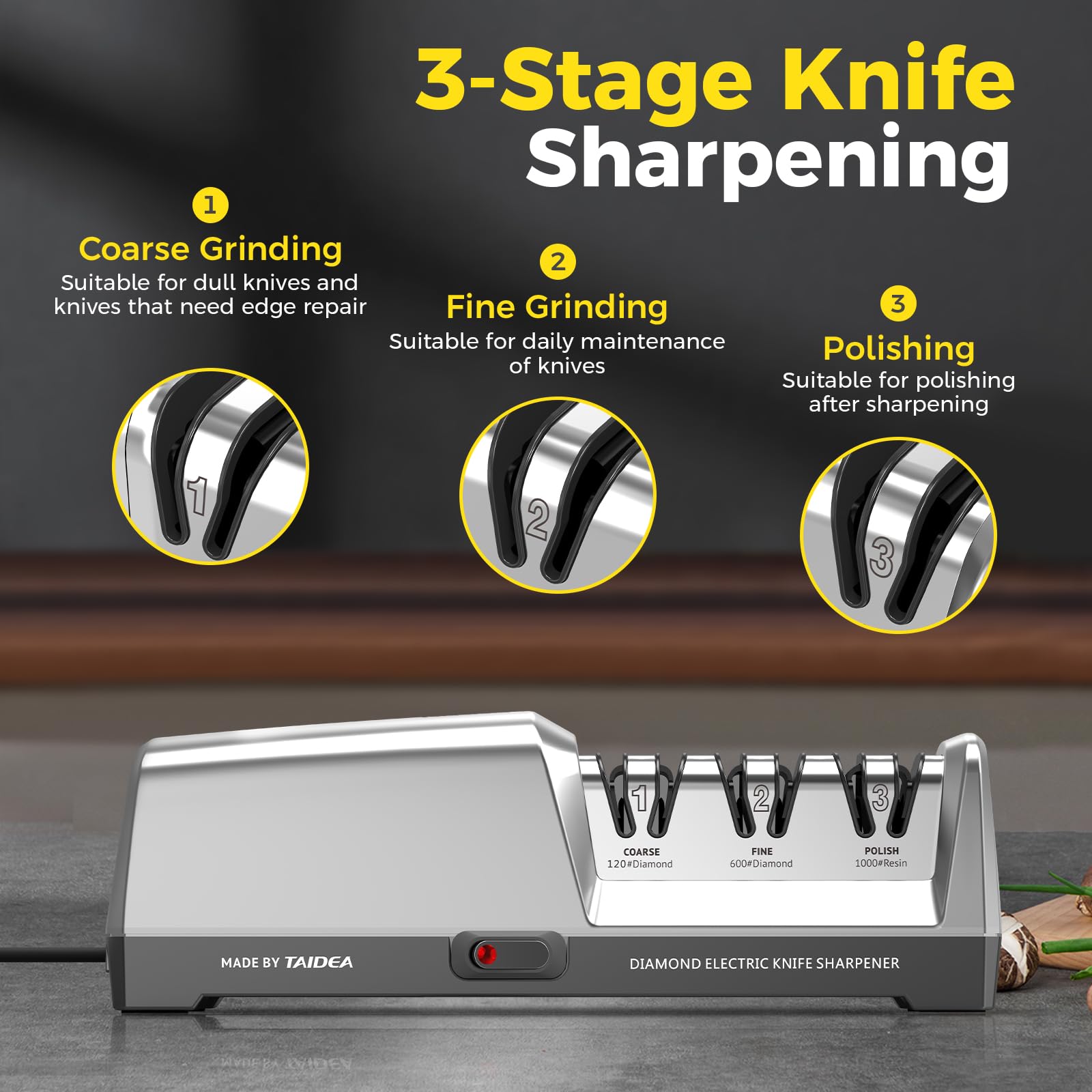 Electric Knife Sharpener for Kitchen - 3-Stage with 100% Diamond Abras ...