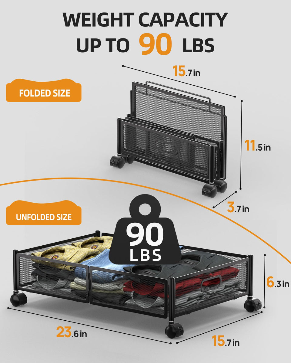 Under Bed Storage with Wheels, 4 Pack Foldable Metal Under Bed Storage ...