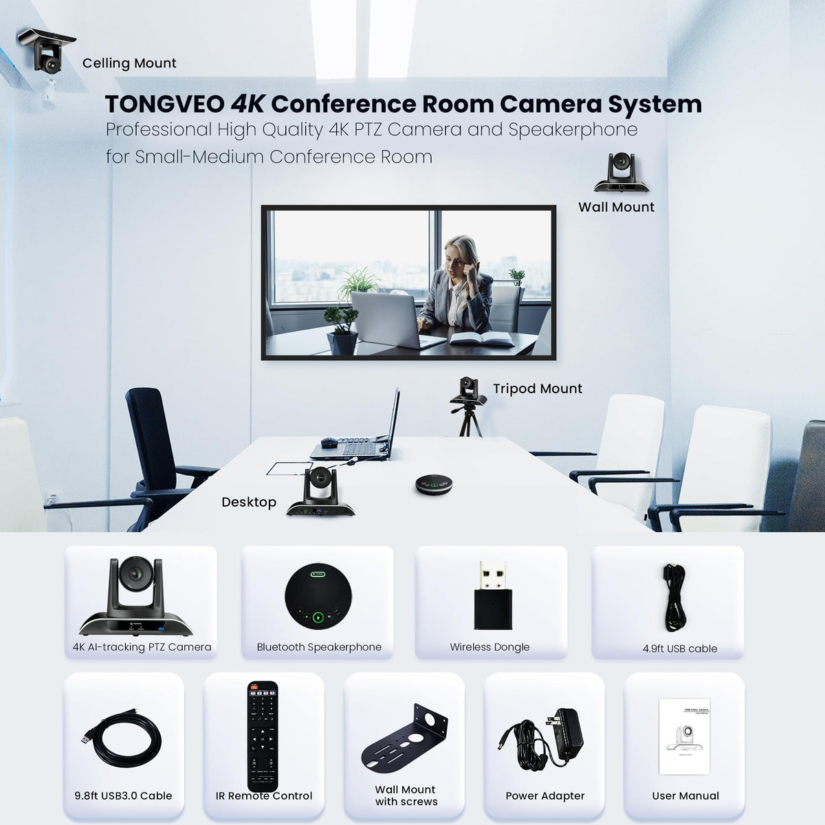 4K Conference Room Camera System, AI Auto-Tracking PTZ Camera 5X Digit ...