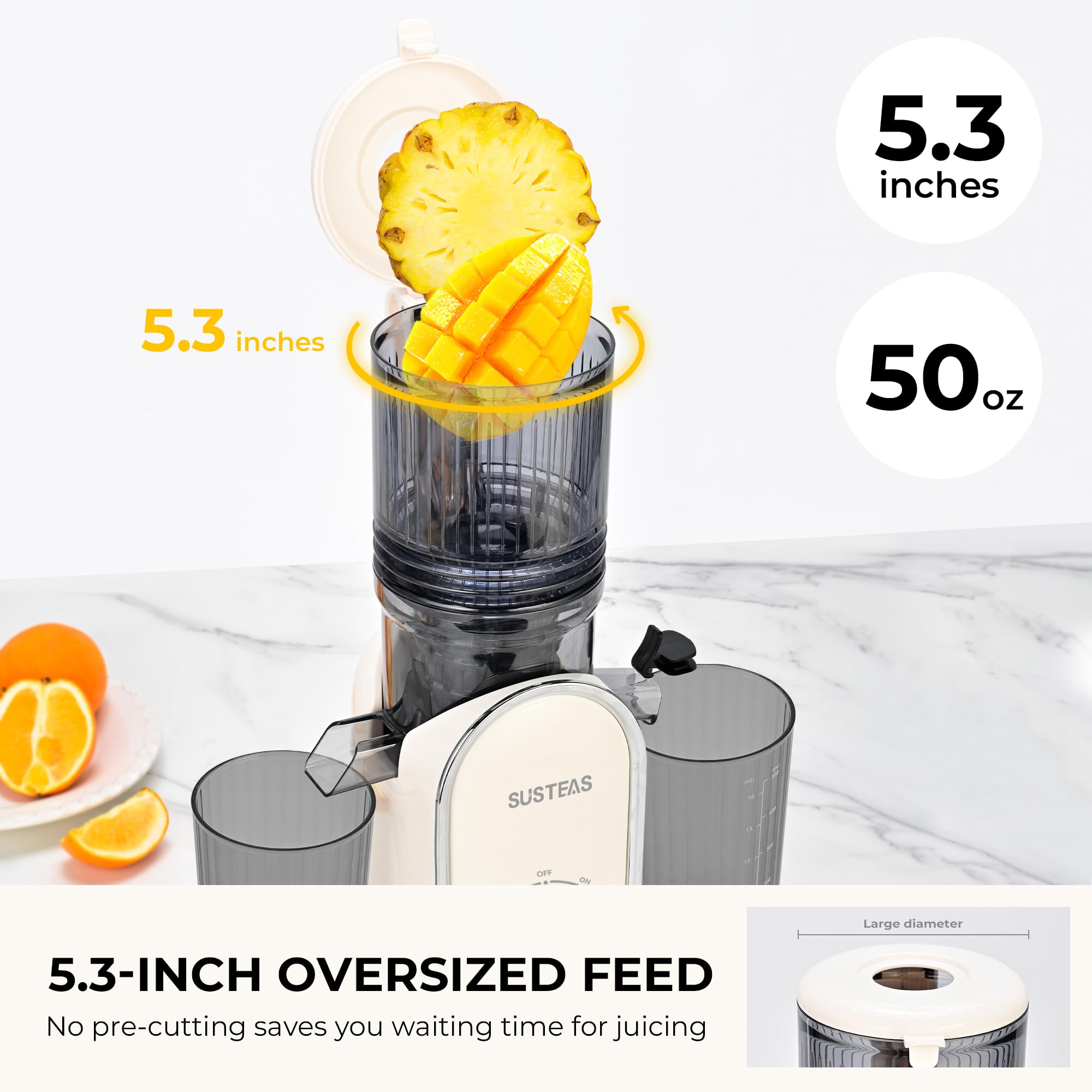 SUSTEAS Cold Press Juicer, 5.3" Feed Chute Slow Masticating Machines w ...
