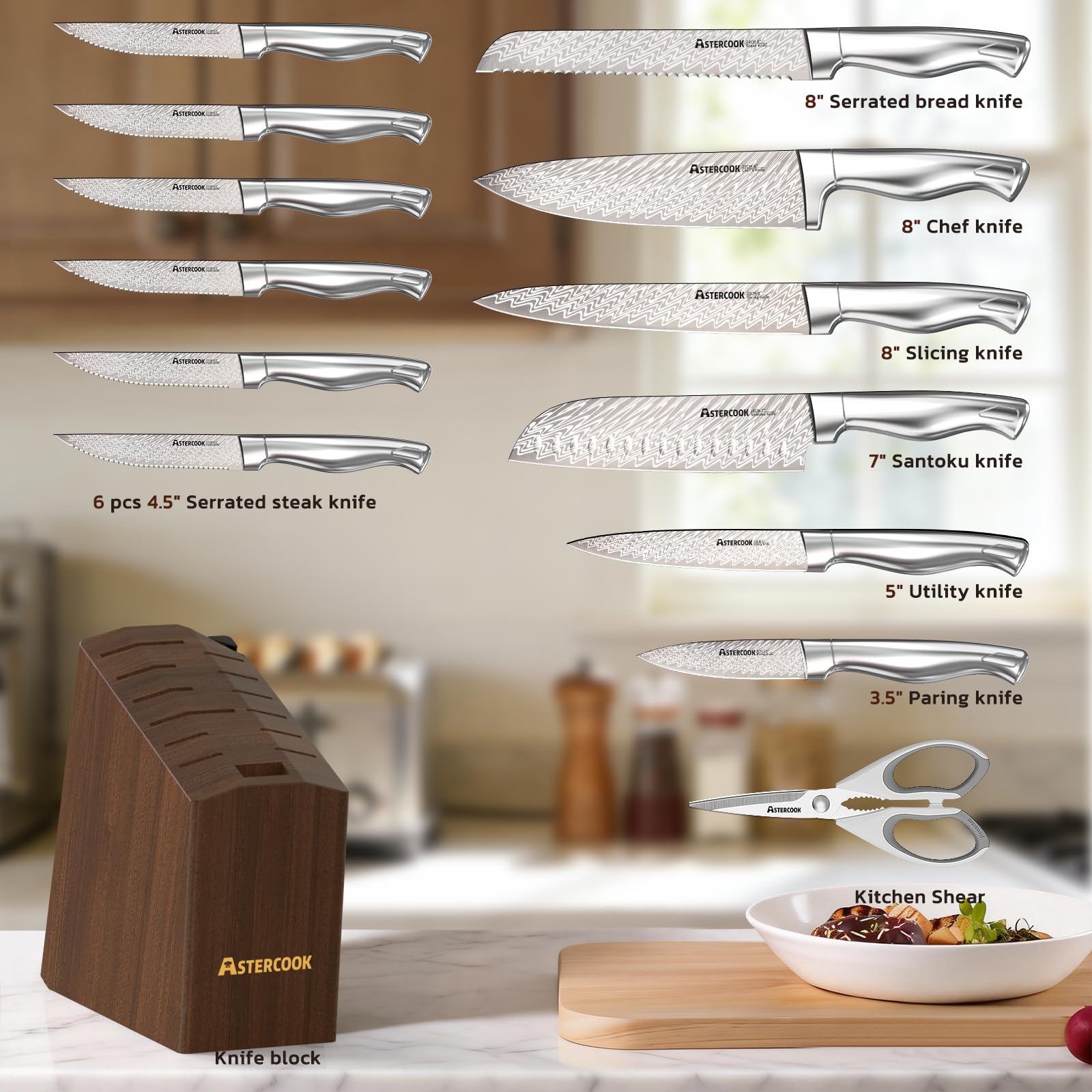 Astercook Knife Set, 15-Piece Kitchen Knife Sets with Built-in Sharpen ...