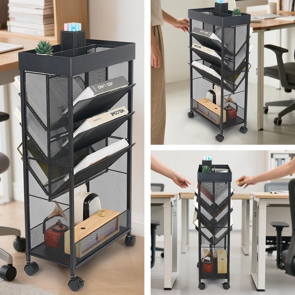 gianotter Book Rack Storage Bookshelf, 5 Tier Book Carts with Wheels ...