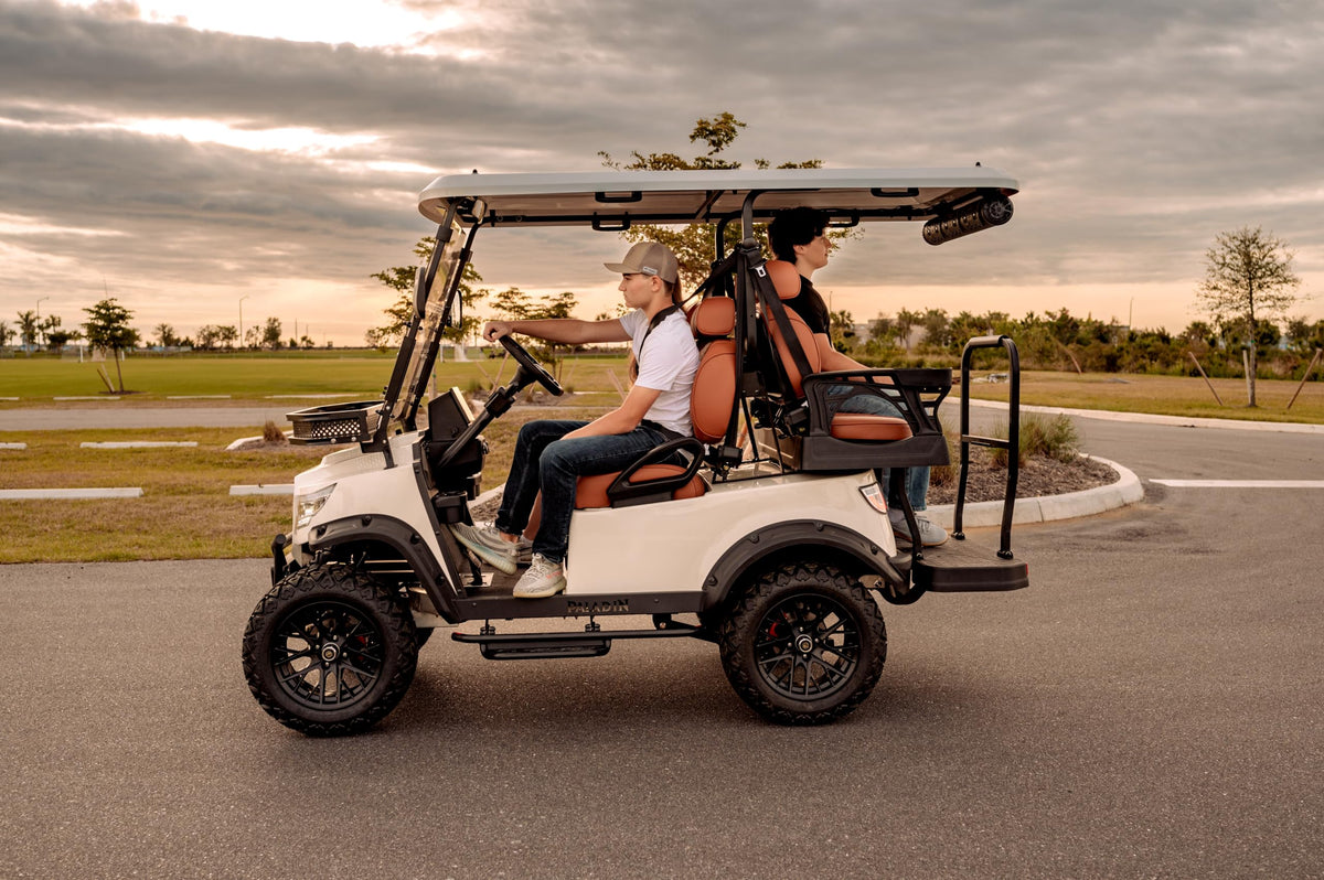 Paladin Luxury Golf Carts 2+2 Pure White, Brown Row Seats, Brown Stitc ...